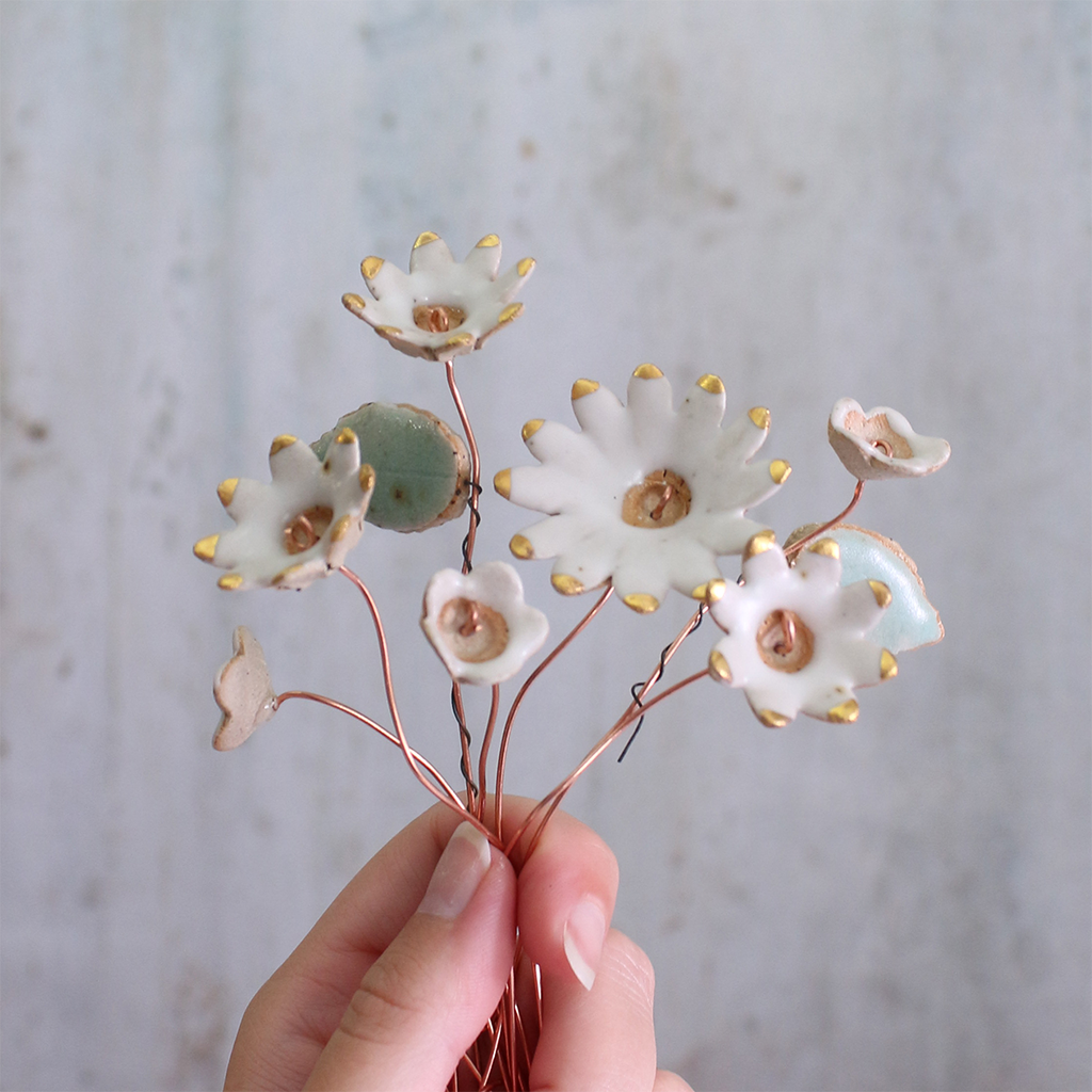 White & Gold Ceramic Flower Bouquet Small | Handcrafted Flowers – Habulous